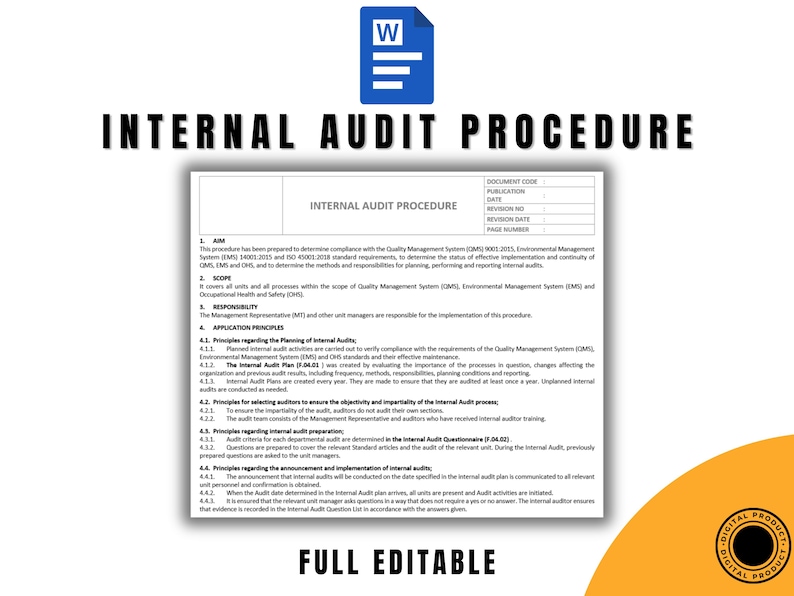 Internal Audit Procedure Template, ISO 9001, 14001, and 45001 Compliant, Editable Word Format ...