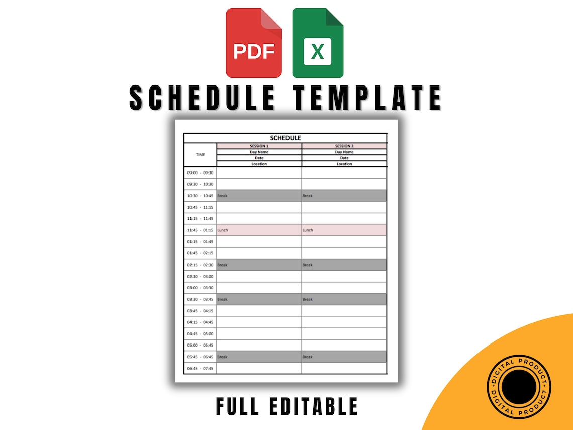 Schedule Template, PDF and Excel Format, Fully Editable and Printable ...