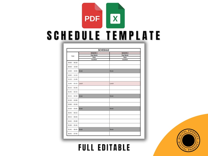 Schedule Template, PDF and Excel Format, Fully Editable and Printable ...
