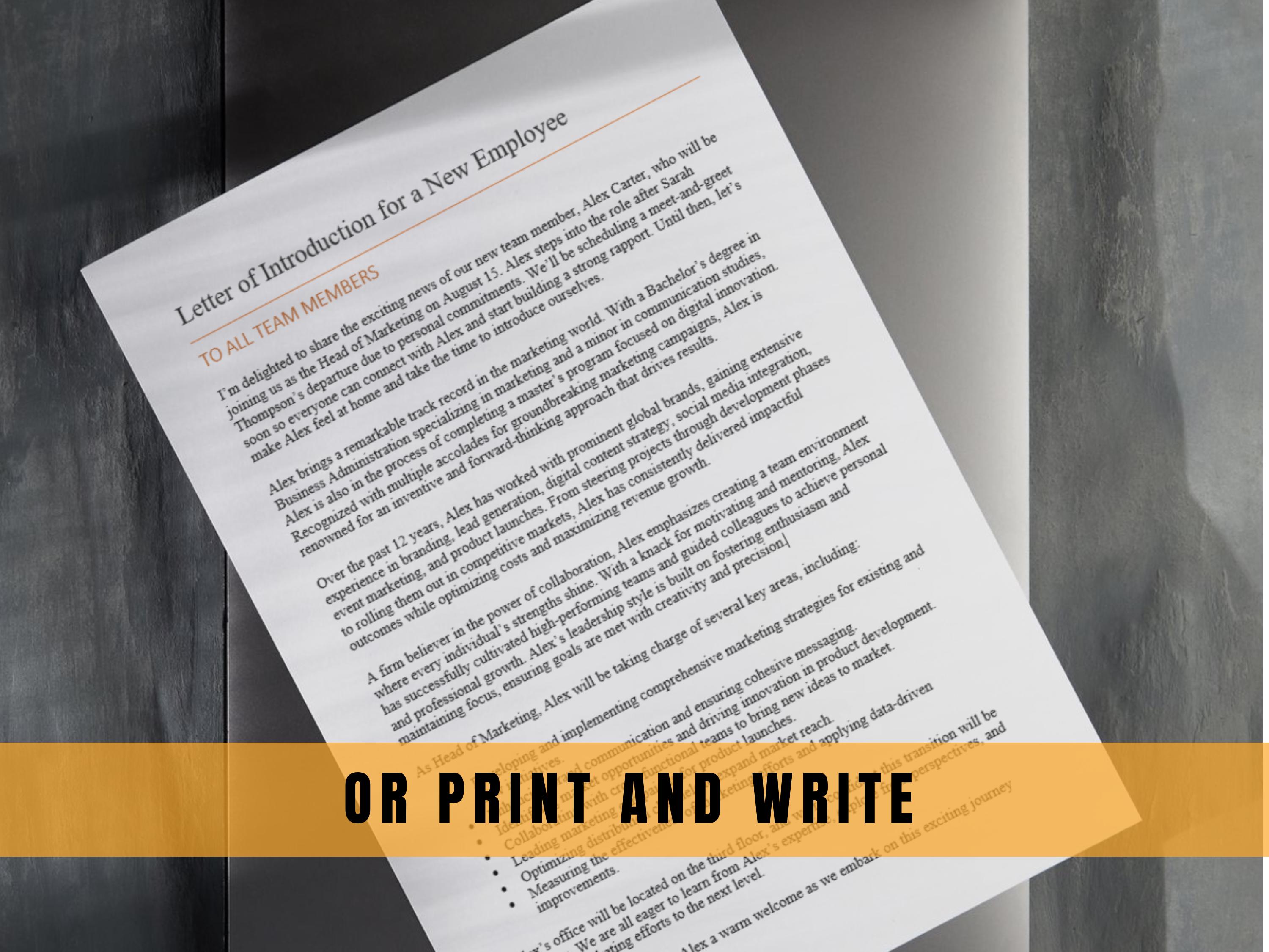 Letter of Introduction for a New Employee Template, Word Format, Fully ...