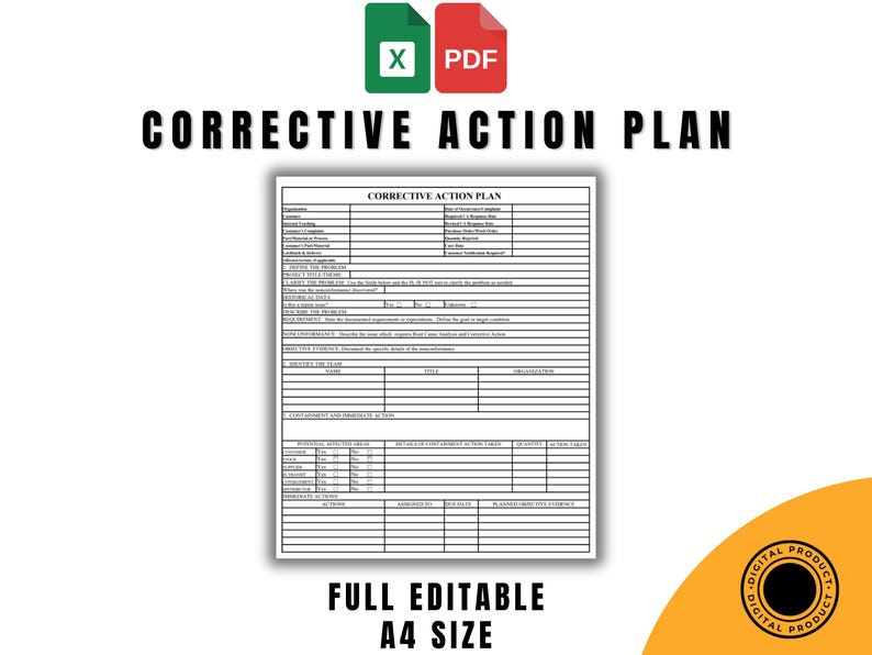 Corrective Action Form Template, PDF and Excel Format, Fully Editable ...