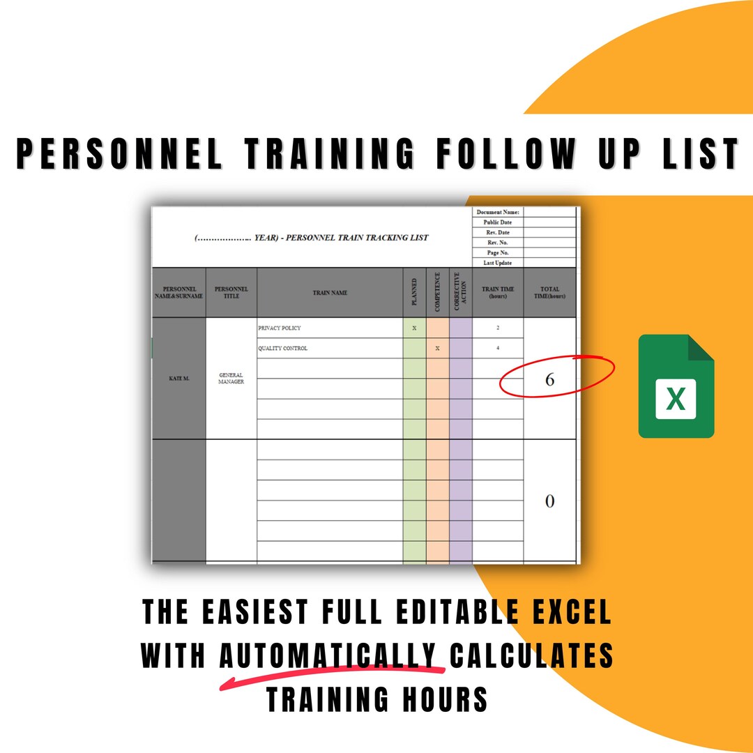 Employee Training Tracker, Automatic Hour Calculation, Editable Excel ...