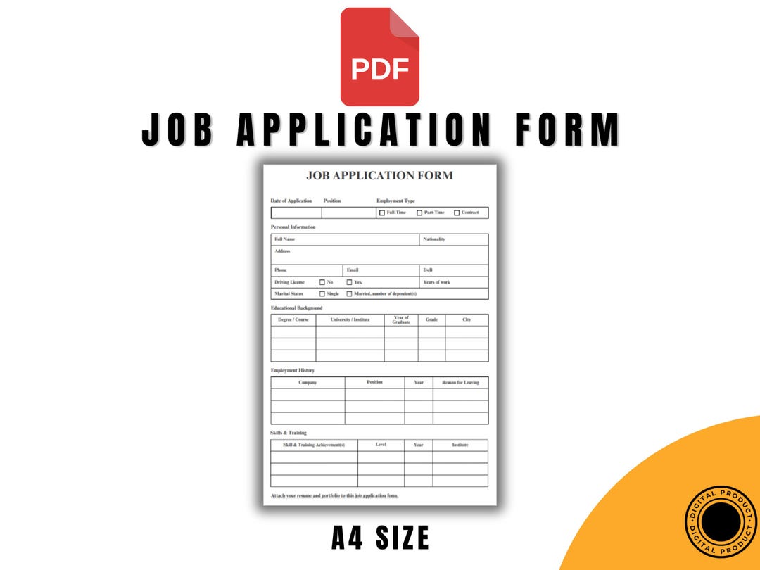 Professional Job Application Form, A4 PDF Format, Comprehensive and Customizable, Editable and ...