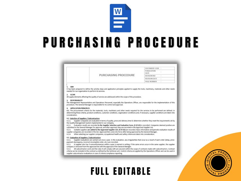 Purchasing Procedure Template, ISO 9001 Compliant, Editable Word Format ...
