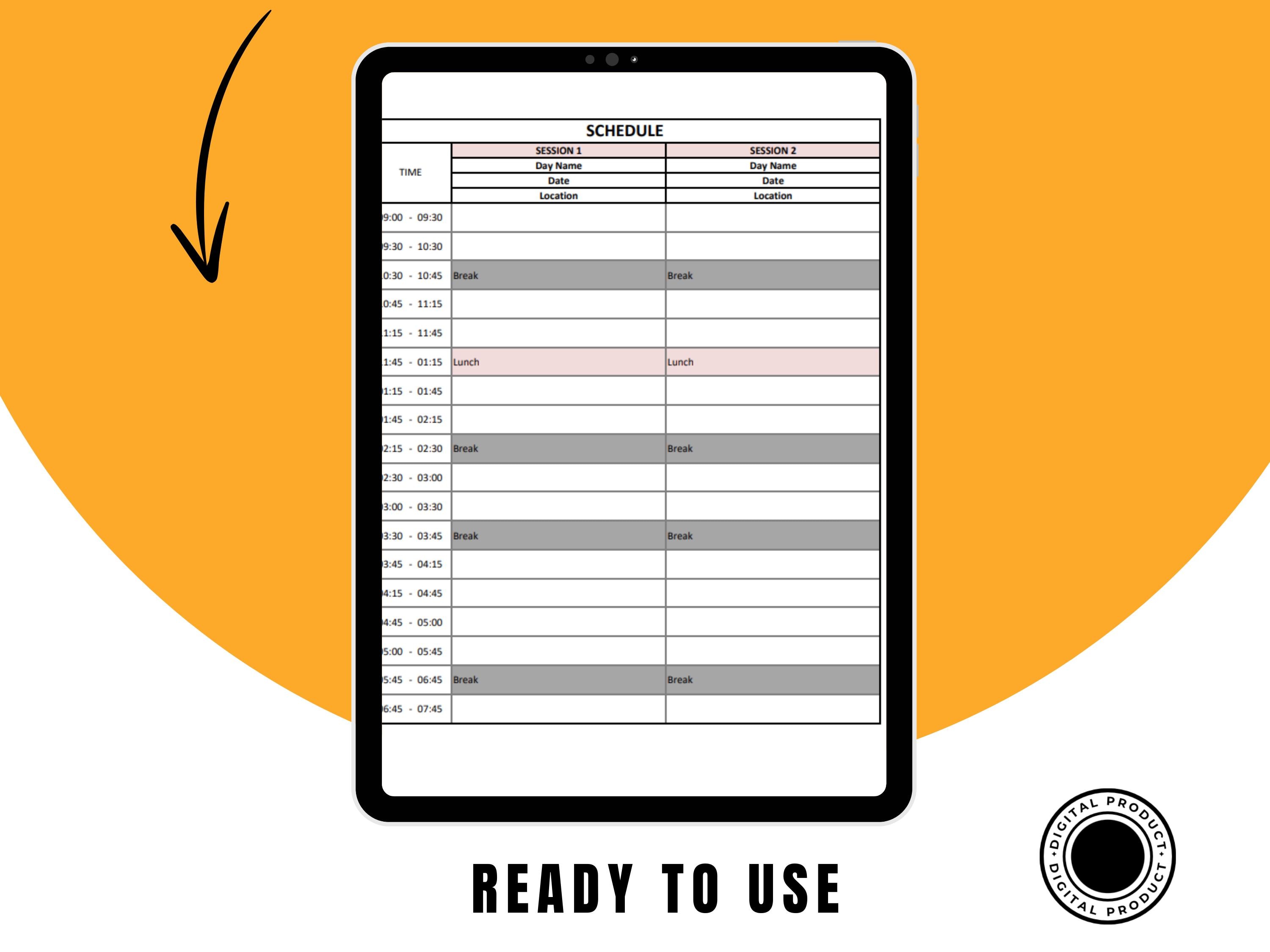 Schedule Template, PDF and Excel Format, Fully Editable and Printable ...