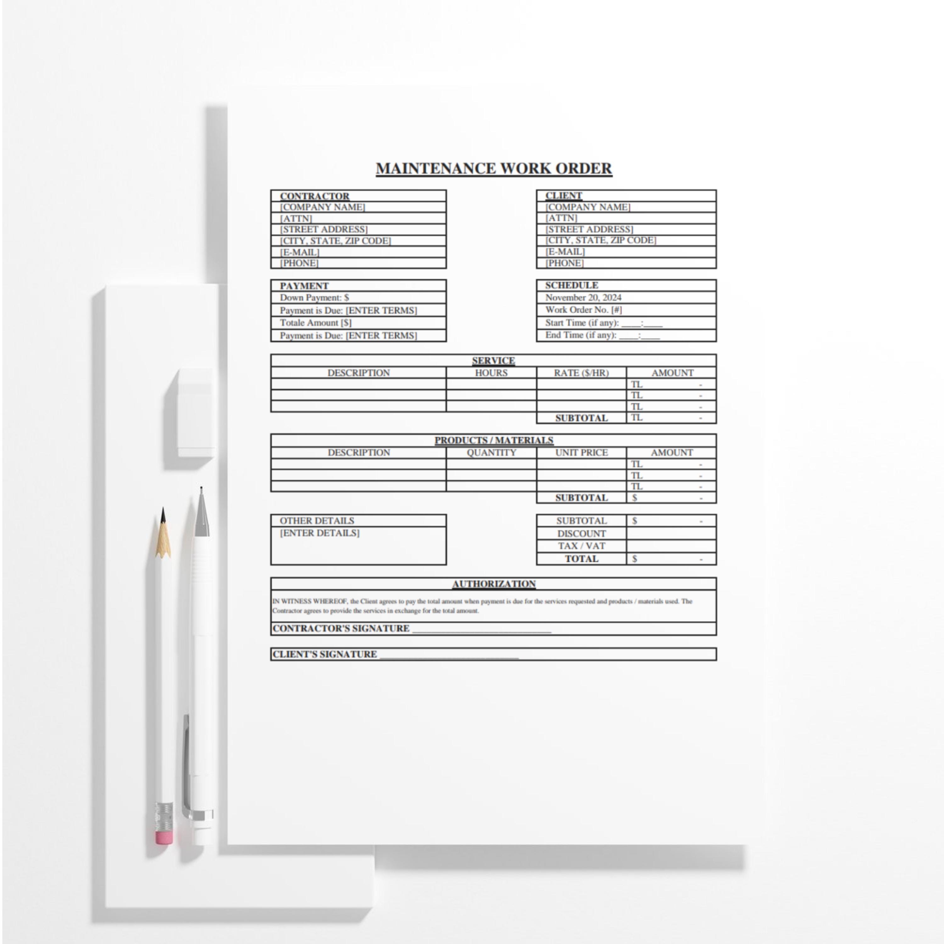 Work Order Template, Excel Format, Professional and Customizable ...