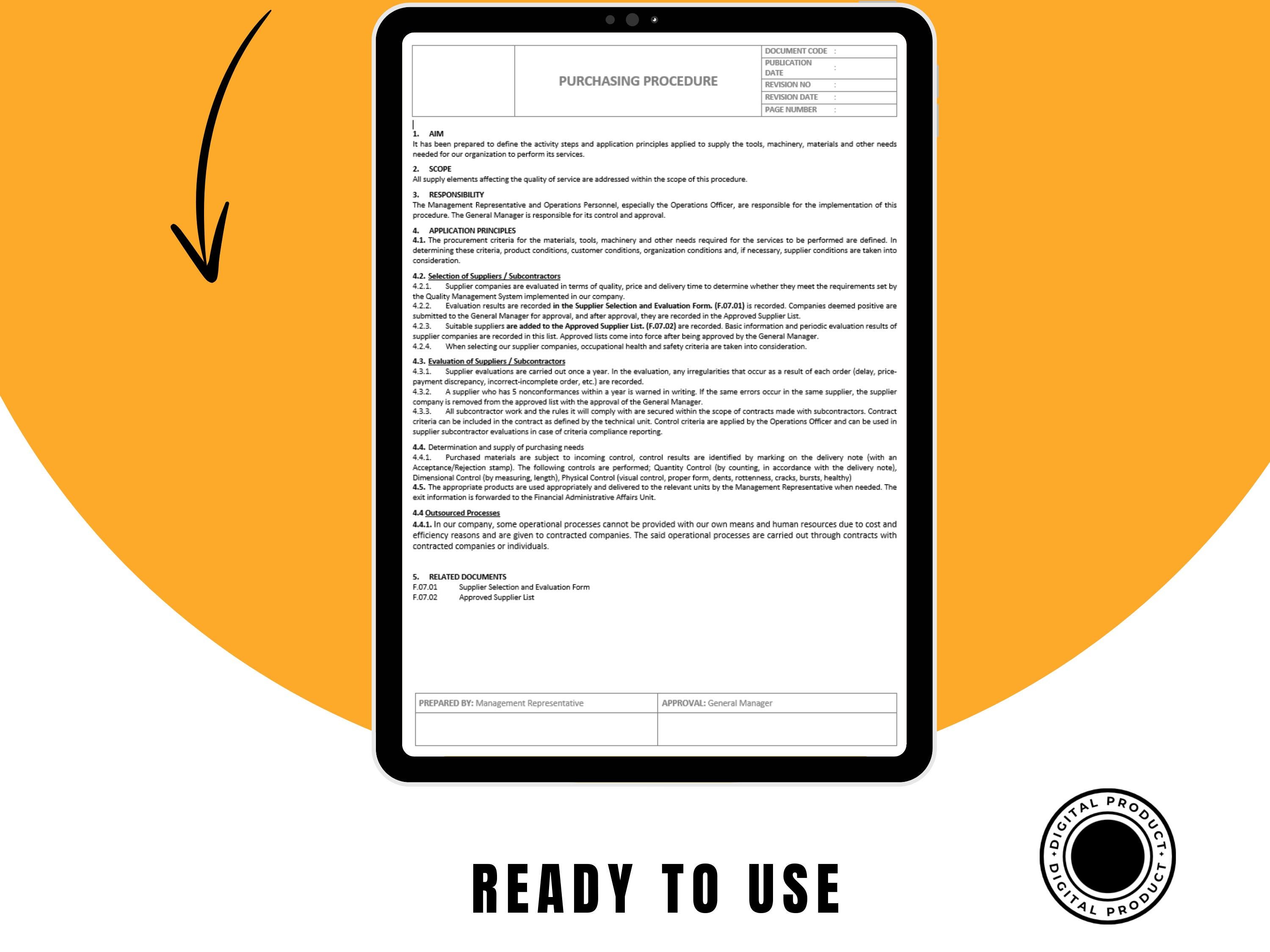 Purchasing Procedure Template, ISO 9001 Compliant, Editable Word Format ...