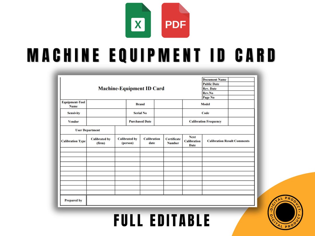 Machine Equipment ID Card Template, Editable Excel & Printable PDF, ISO ...