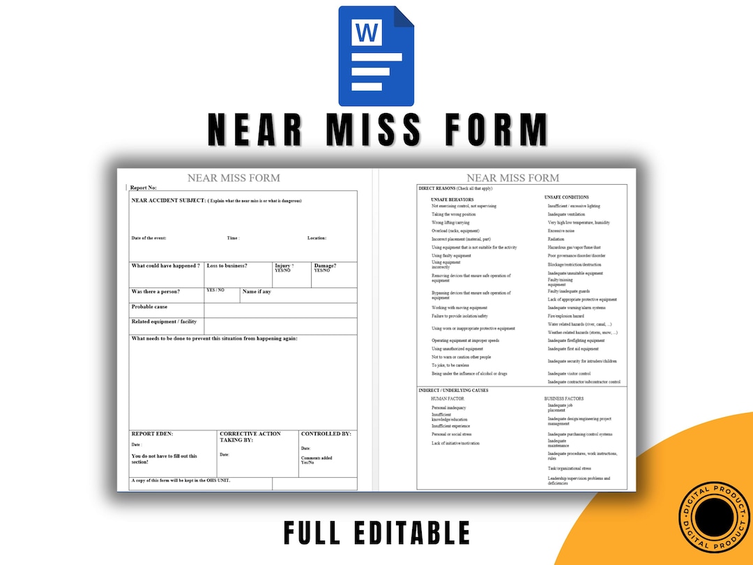 Near Miss Reporting Form, ISO 14001, 45001 Compliant, Customizable Word ...