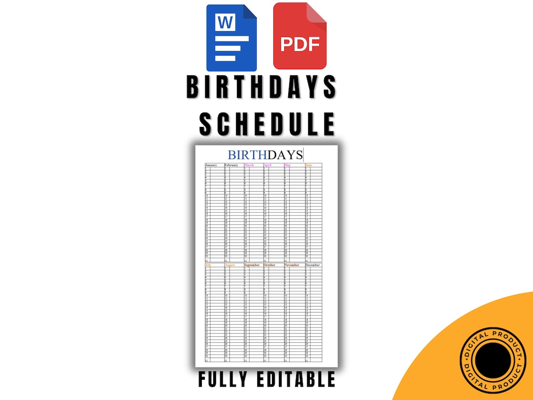 Birthday Calendar Template, Printable 12-month PDF and Word Format ...