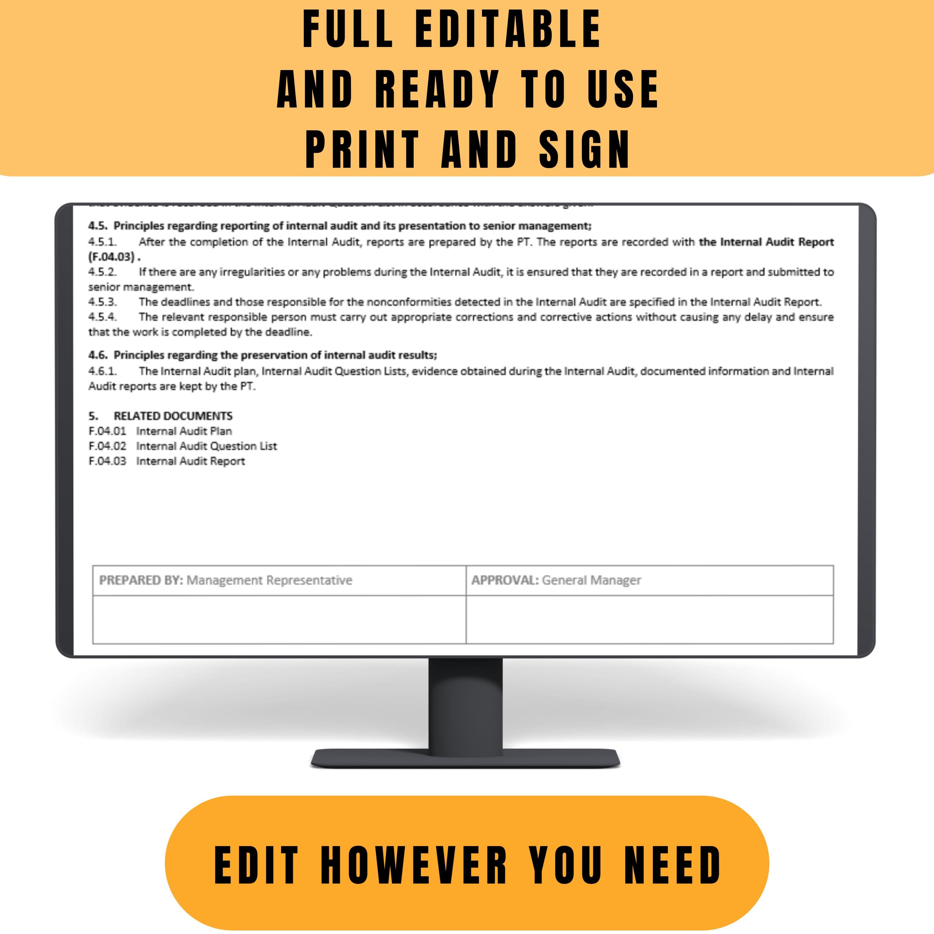 Internal Audit Procedure Template, ISO 9001, 14001, and 45001 Compliant ...