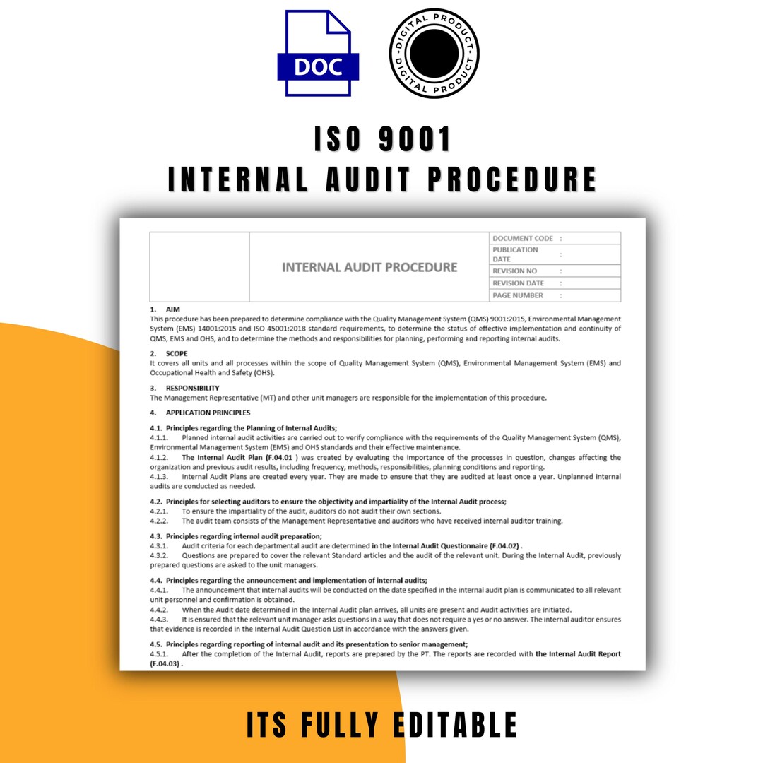 Internal Audit Procedure Template, ISO 9001, 14001, and 45001 Compliant ...