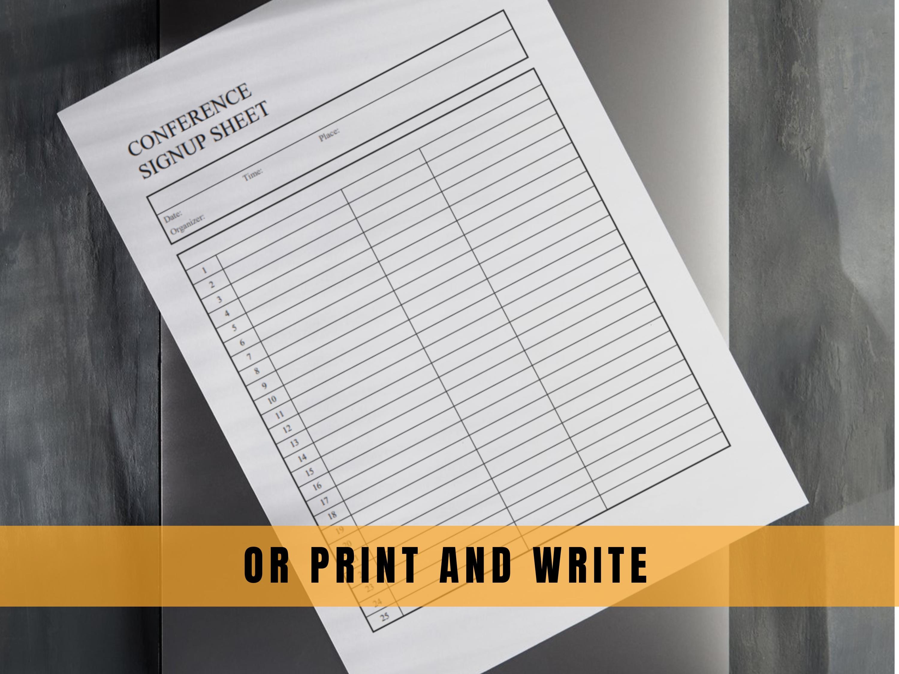 Conference Sign-up Sheet Template, Editable Word and PDF Form ...