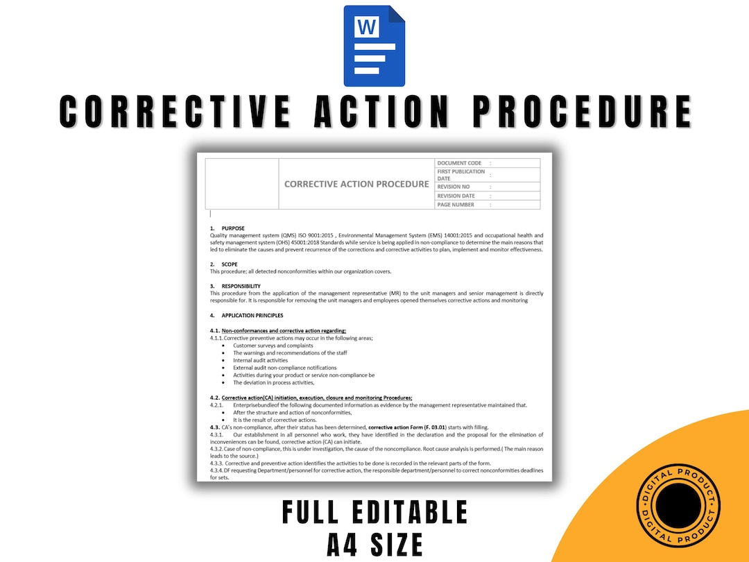 Corrective Action Procedure, ISO 9001, 14001, 45001 Compliant, Editable ...