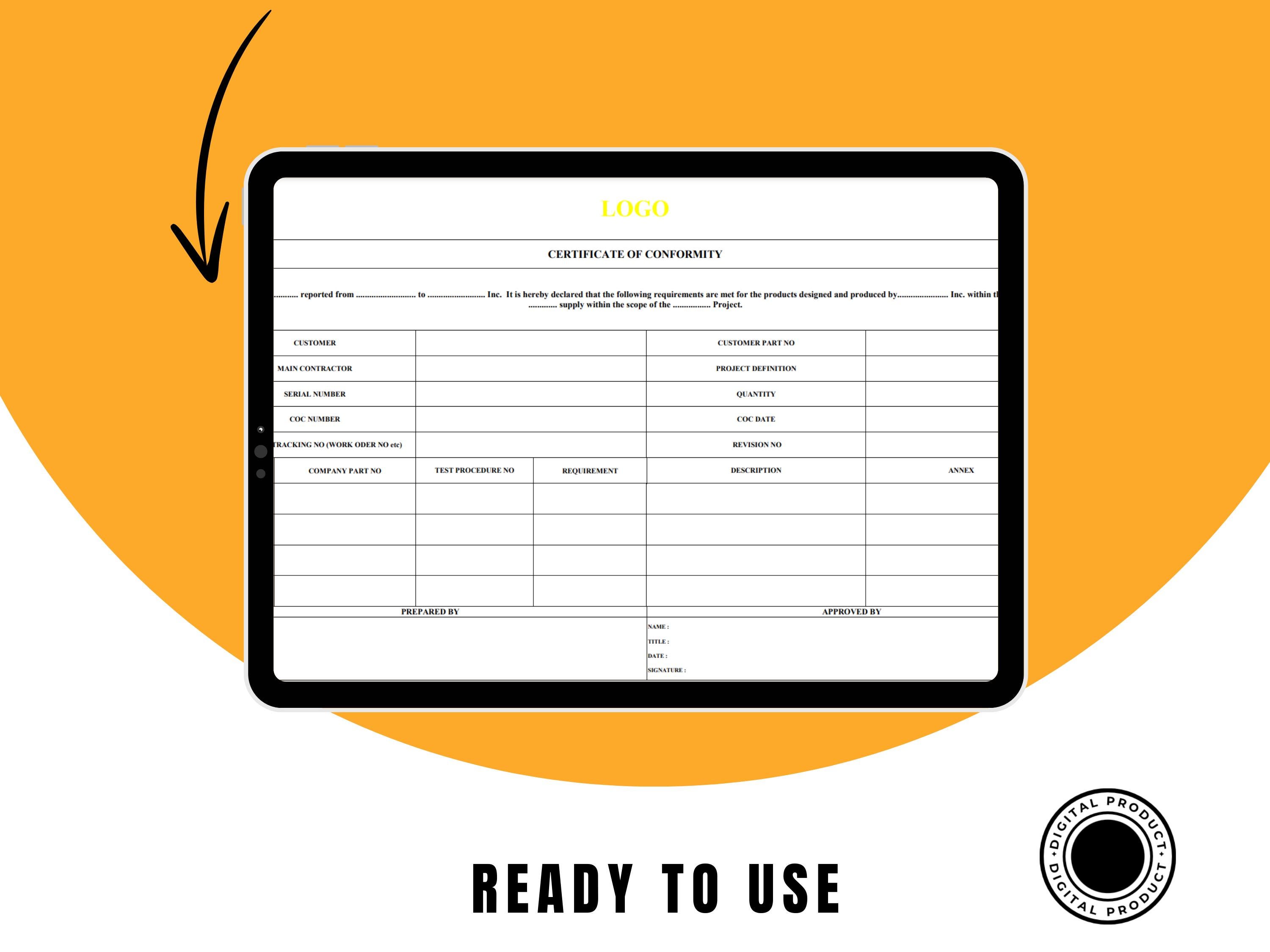 Certificate of Conformity Template, Excel and PDF Formats, ISO 9001 ...