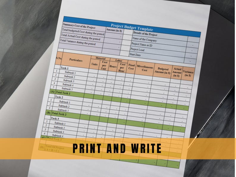 Project Budget Template, Editable Excel and PDF Format, Printable Cost ...
