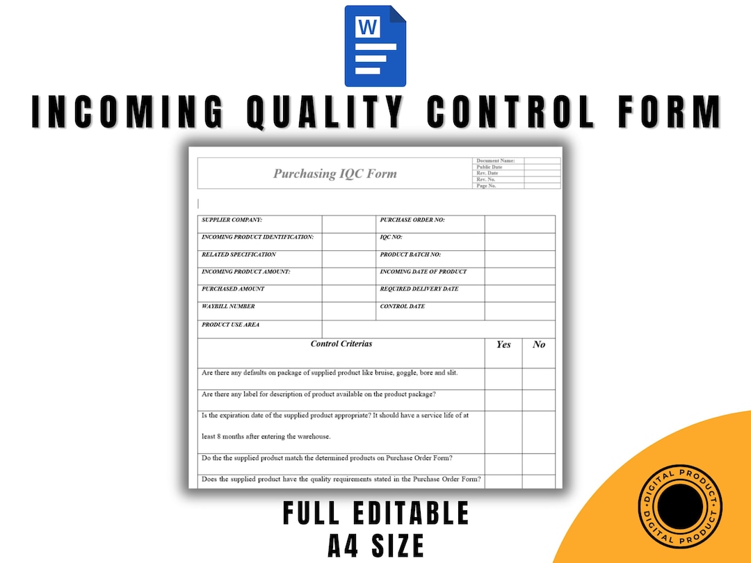 Incoming Quality Control Checklist Form, Editable Supplier Product Inspection Template, IQC ...