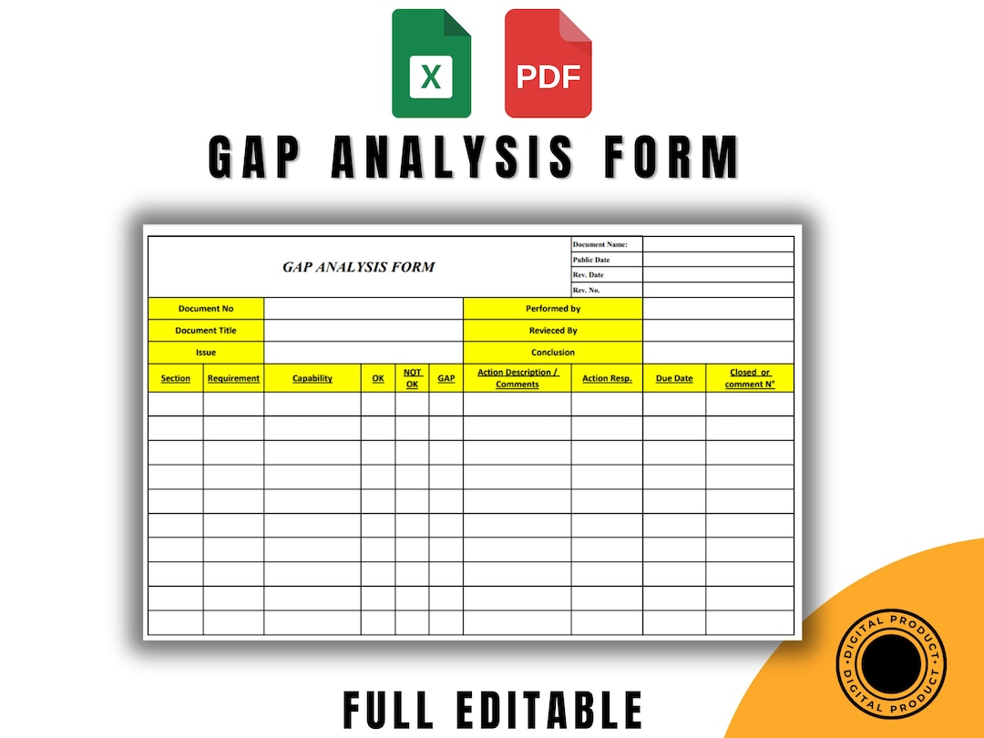 Gap Analysis Template, Editable Excel & Printable PDF Formats, ISO 9001 ...