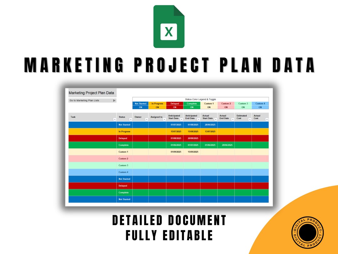 Marketing Project Plan Tracker Excel, Editable Marketing Planner ...