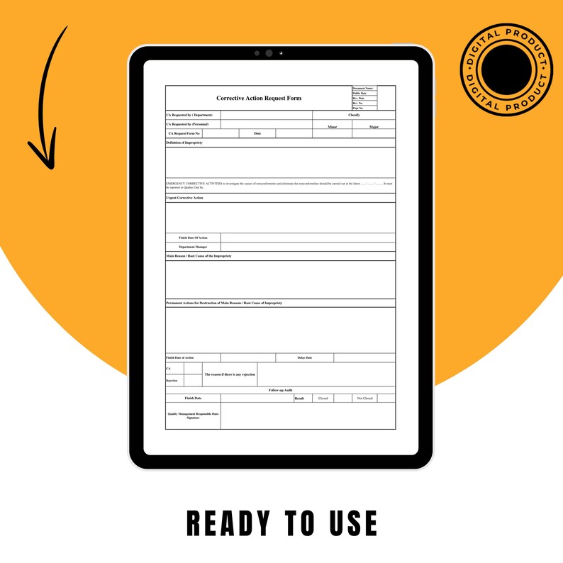Corrective Action Request Form Template, ISO 9001 Compliant, Editable ...