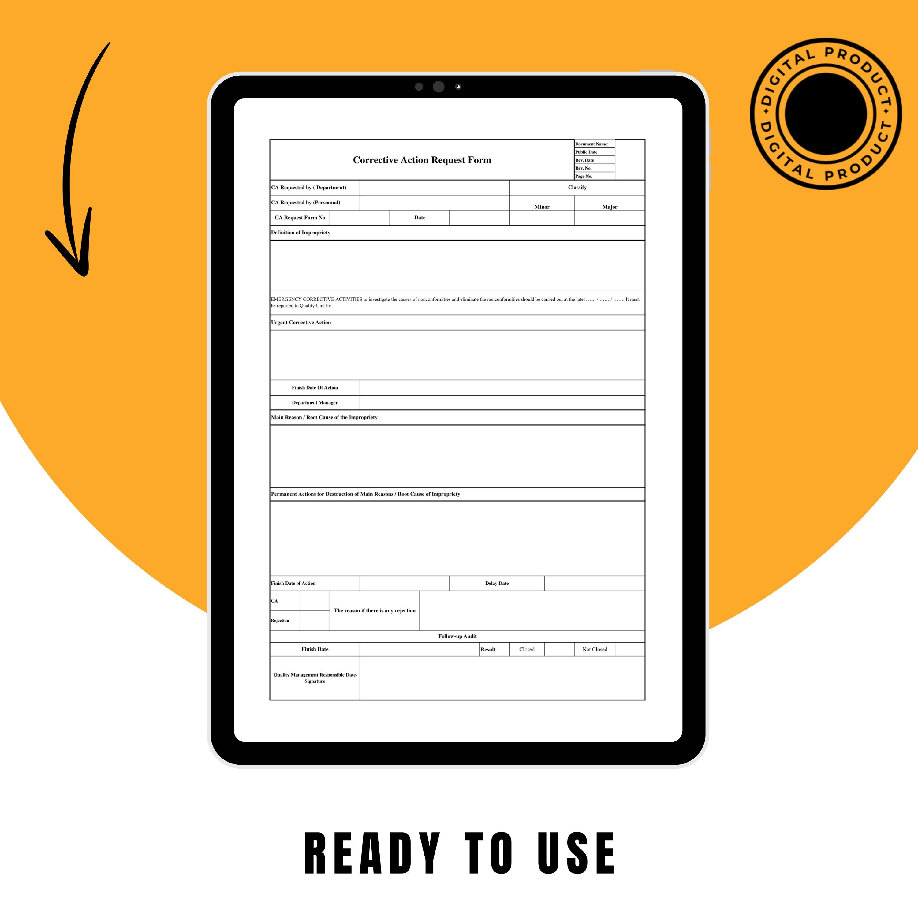 Corrective Action Request Form Template, ISO 9001 Compliant, Editable ...