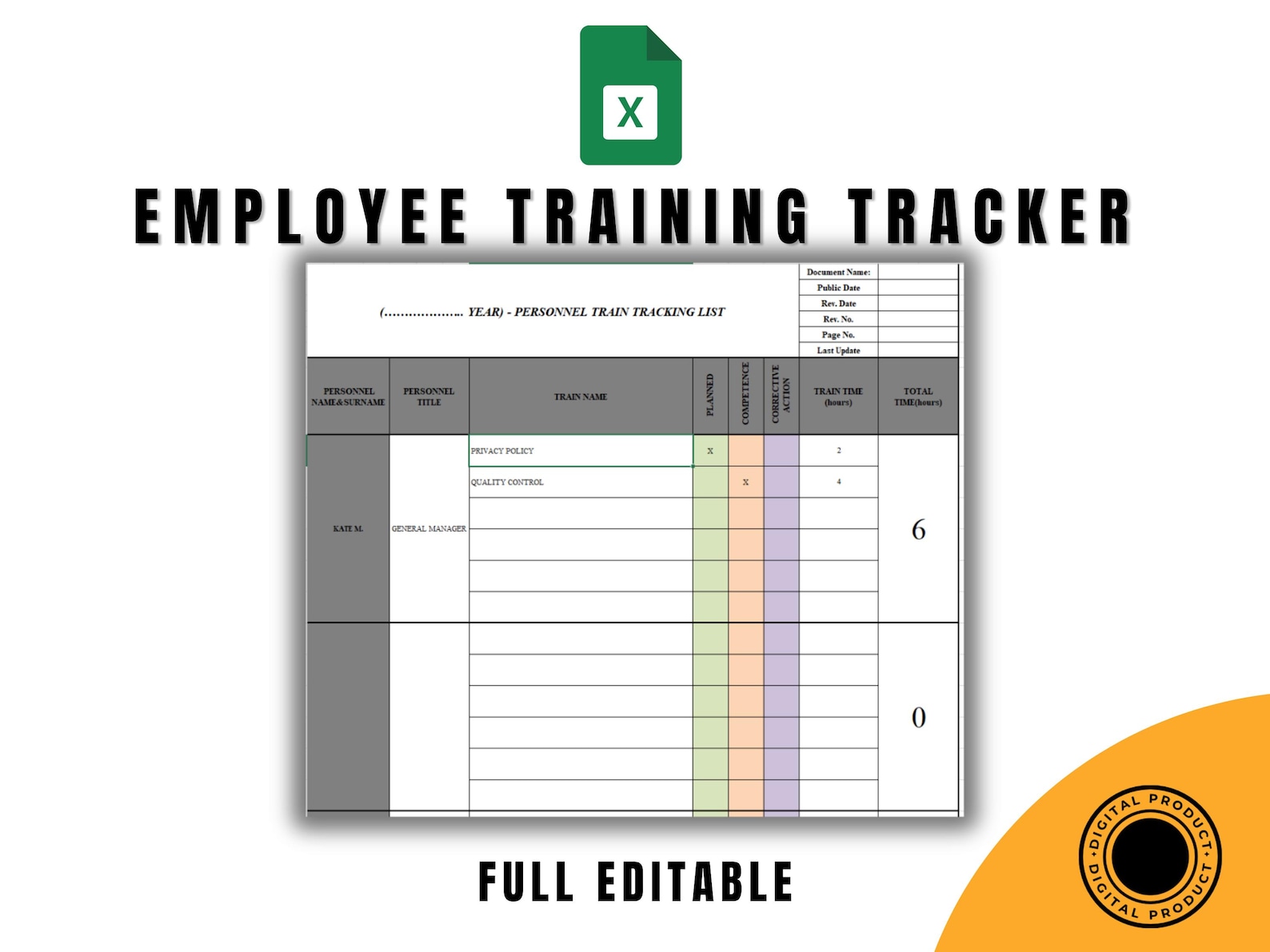 Employee Training Tracker, Automatic Hour Calculation, Editable Excel ...