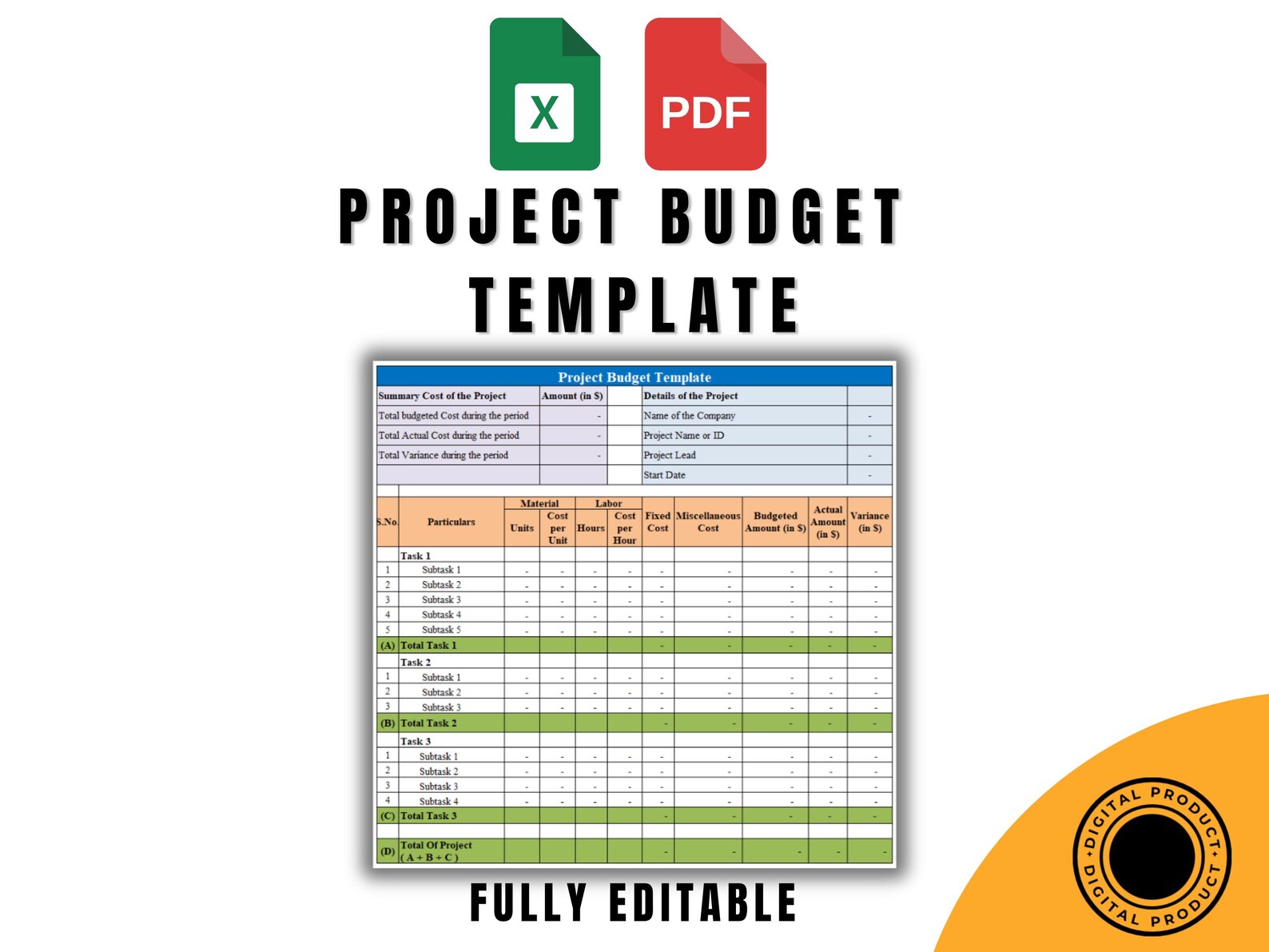 Project Budget Template, Editable Excel and PDF Format, Printable Cost ...