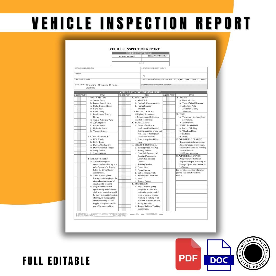 Vehicle Inspection Form, Word and PDF Format, Fully Editable and ...