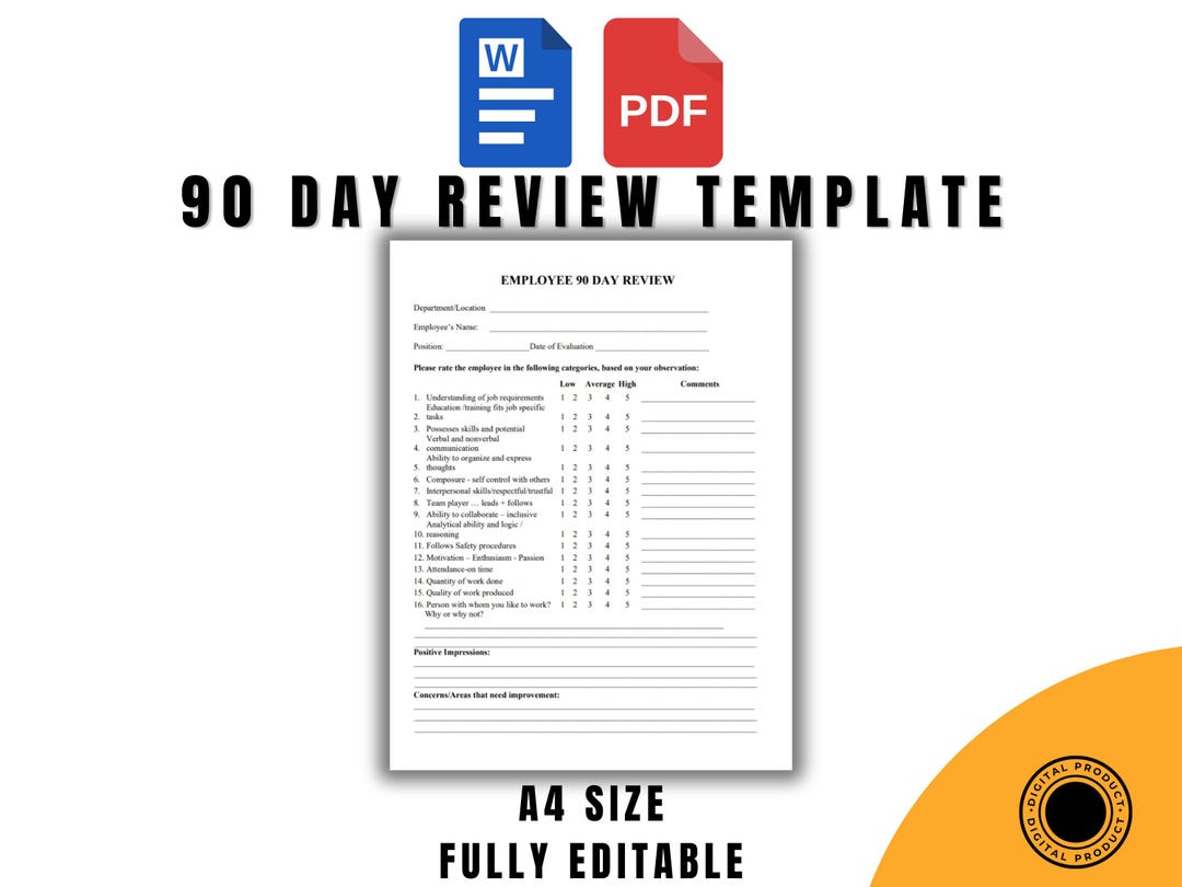 90 Day Employee Review Template Word & PDF, Editable Performance ...