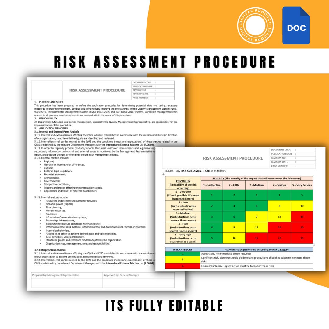 Risk Assessment Procedure, ISO 9001, 14001, 45001 Compliant, Word ...