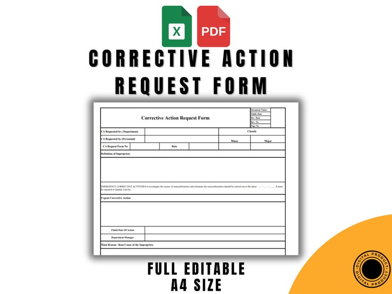 Corrective Action Request Form Template, ISO 9001 Compliant, Editable ...