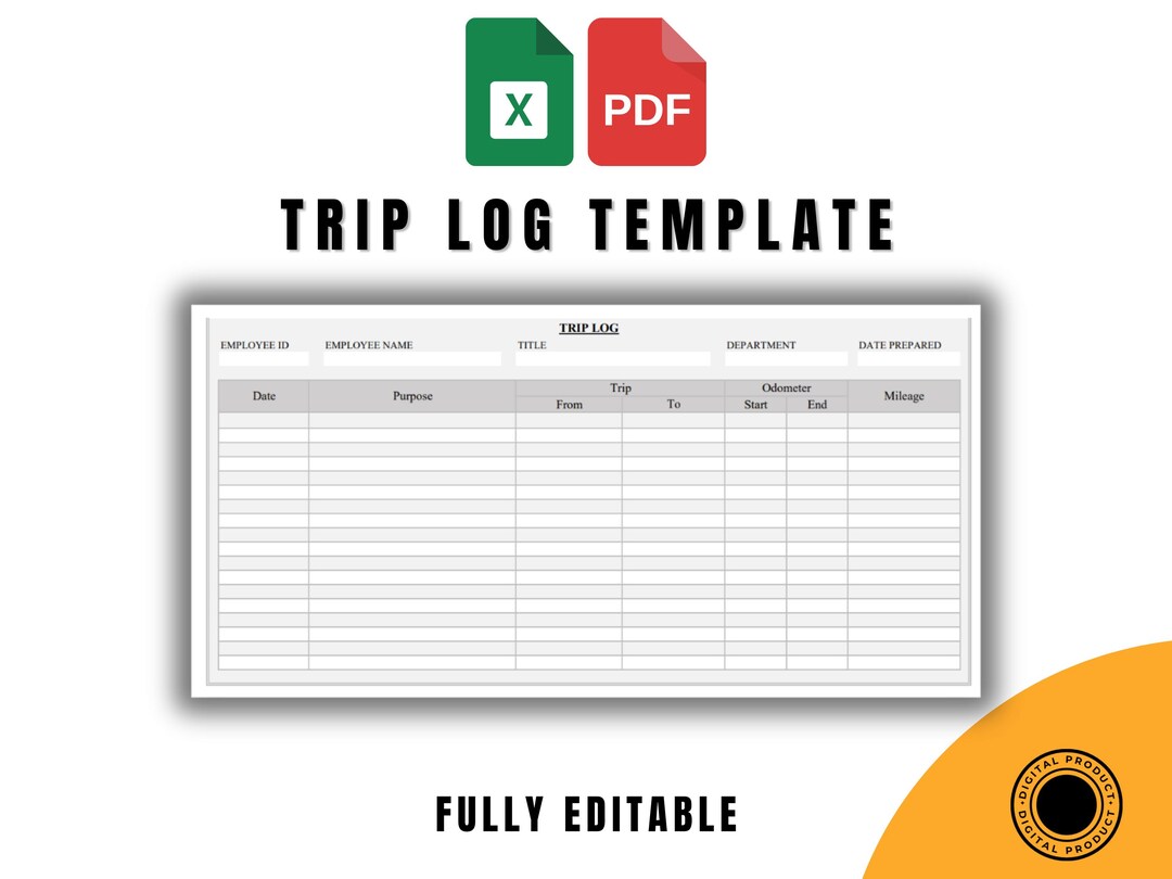 Trip Log Template PDF & Excel, Fully Editable Travel Log Sheet ...