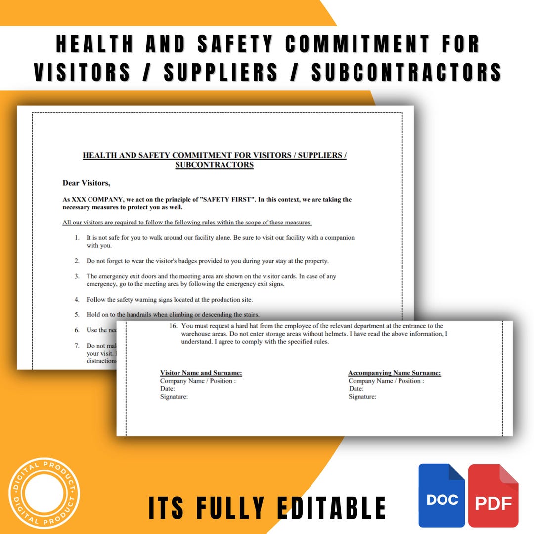 Health Safety Commitment Form for Visitors, Suppliers Subcontractors, Word & PDF, Workplace ...