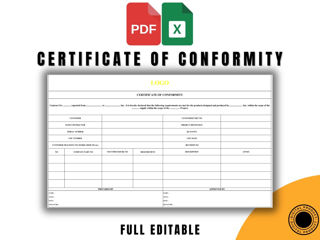 Certificate of Conformity Template, Excel and PDF Formats, ISO 9001 ...