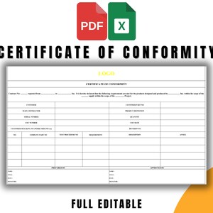 Certificate of Conformity Template, Excel and PDF Formats, ISO 9001 ...