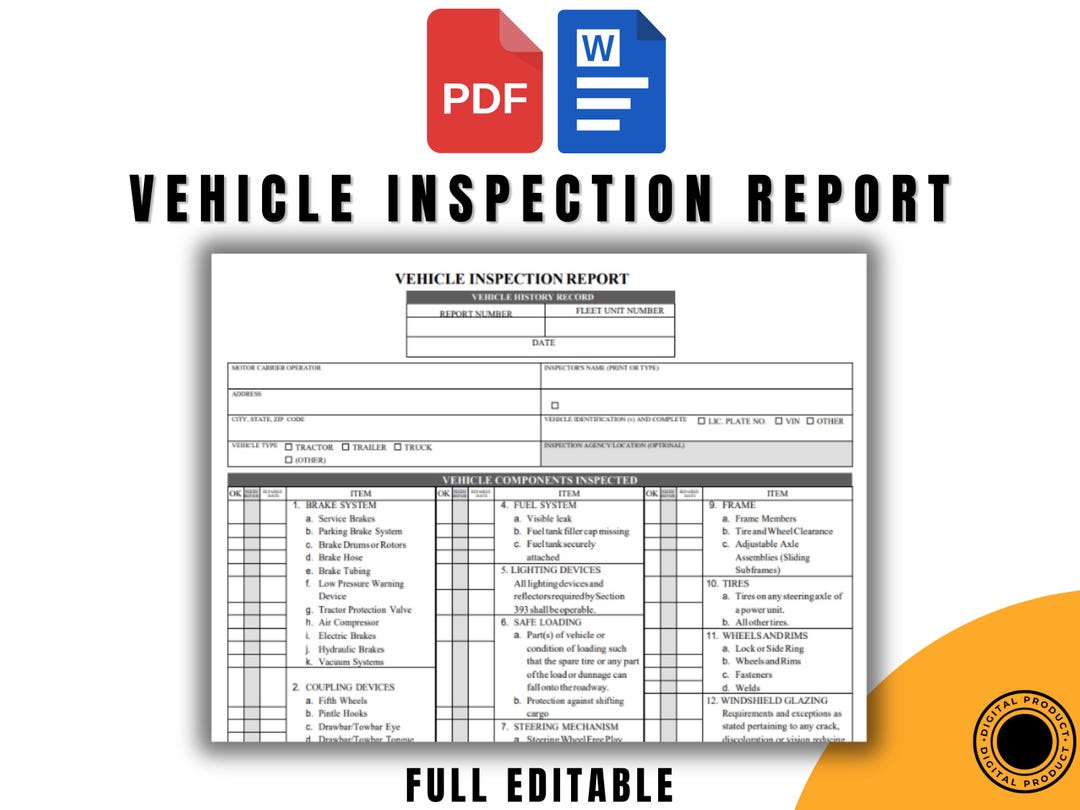 Vehicle Inspection Form, Word and PDF Format, Fully Editable and ...