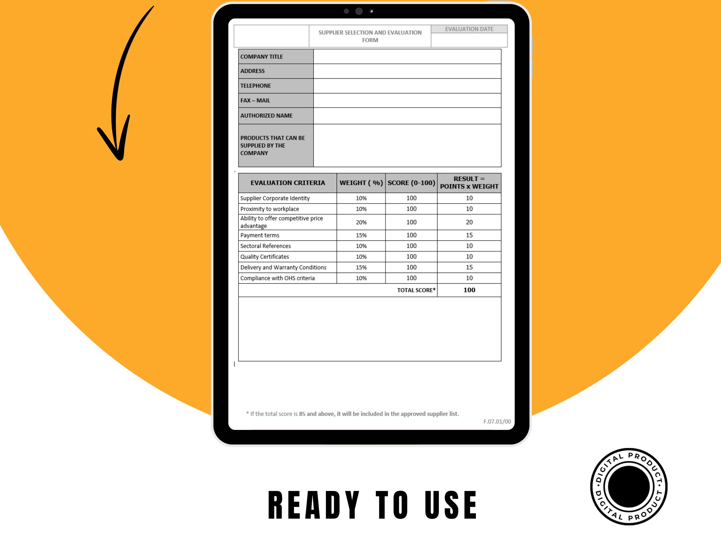 Supplier Selection & Evaluation Form, ISO 9001 Compliant, Customizable ...