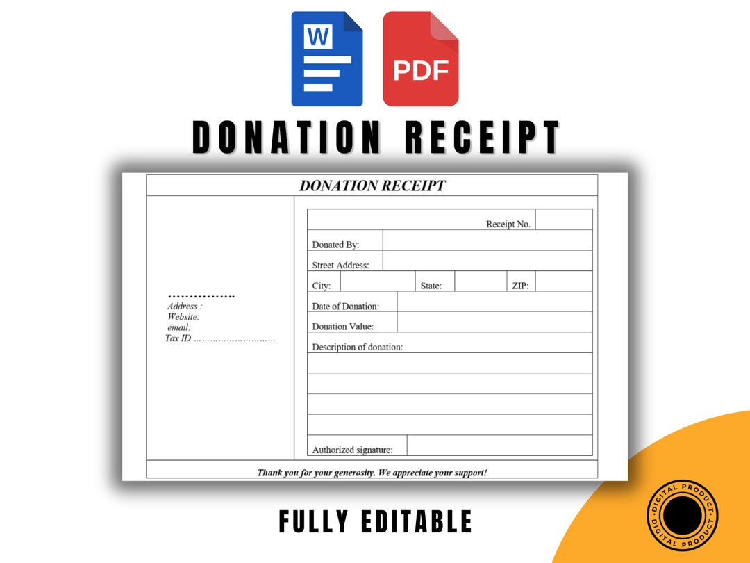 Donation Receipt Template Word & PDF, Printable Donation Acknowledgment ...