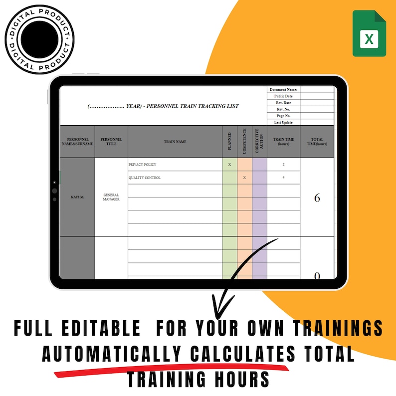 Employee Training Tracker, Automatic Hour Calculation, Editable Excel ...