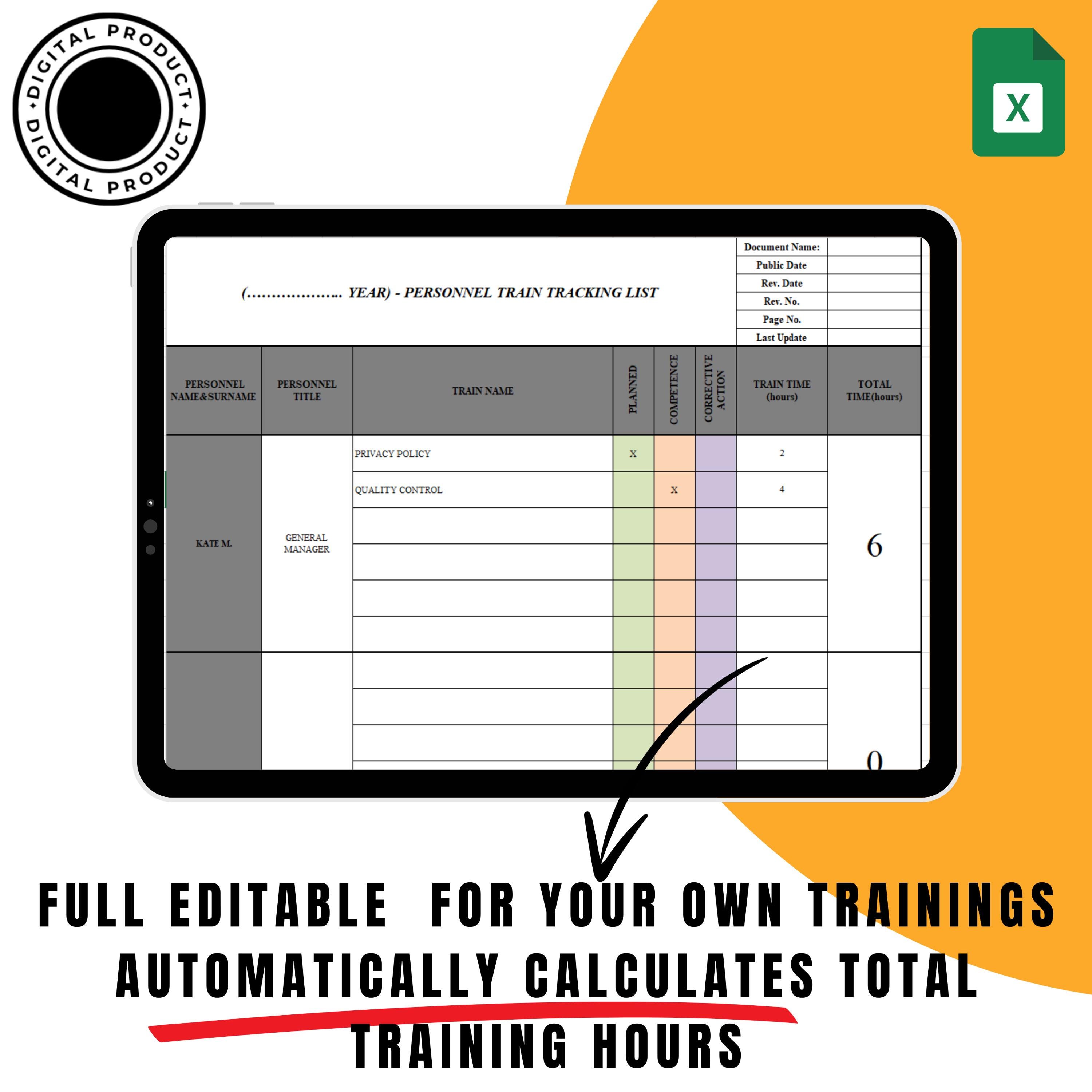 Employee Training Tracker, Automatic Hour Calculation, Editable Excel ...