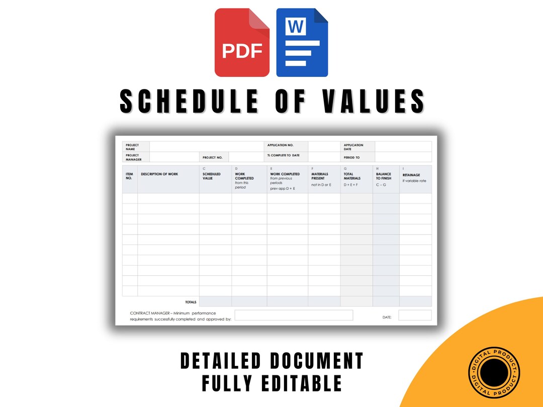 Schedule of Values Template, Editable Word and PDF Form, Printable ...