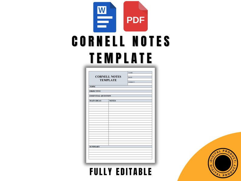 Cornell Notes Template, Printable Study Notes PDF and Word Format ...