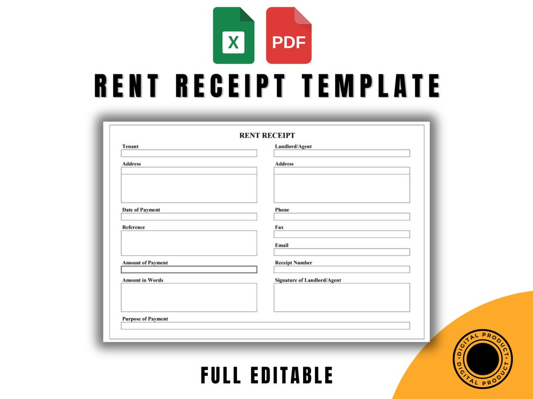 Rent Receipt Template, PDF and Excel Format, Fully Editable and ...