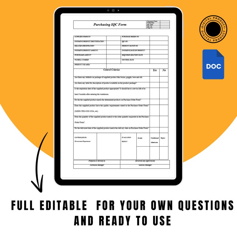Incoming Quality Control Checklist Form Editable Supplier Product ...