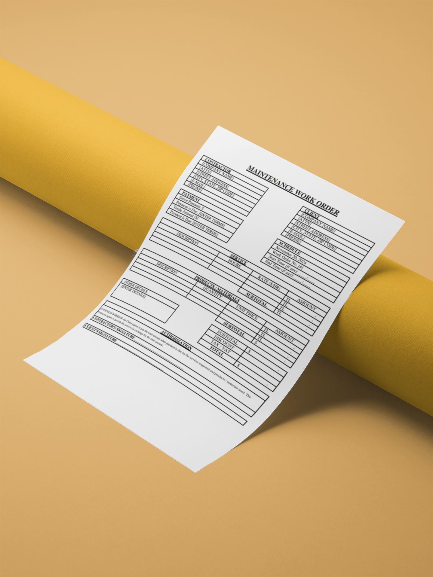 Work Order Template, Excel Format, Professional and Customizable ...