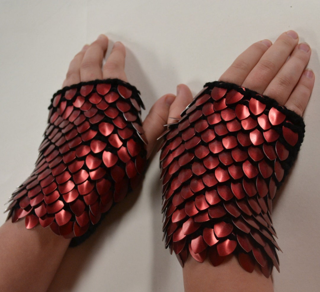 Scale Maille Armor Gauntlets Red on Black Knitted Dragonhide - Etsy