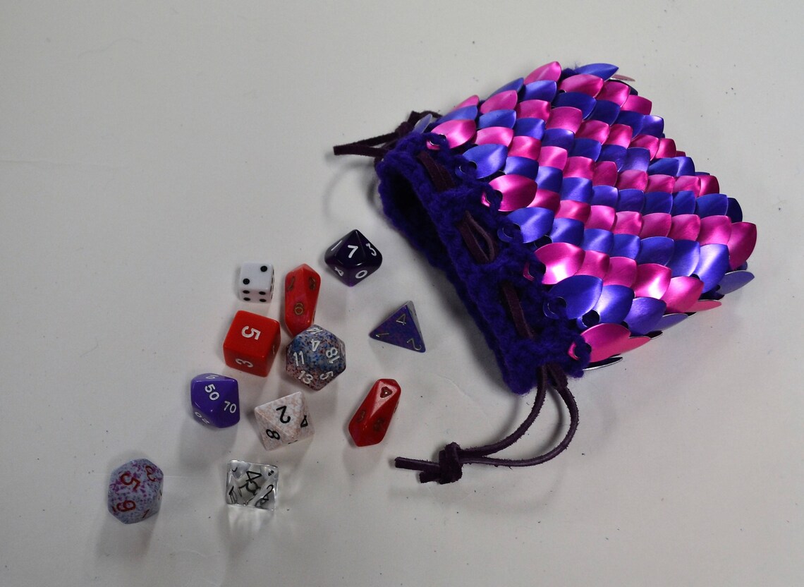 Dice Bag of Knitted Scale Mail in Purple and Pink Dragonhide - Etsy