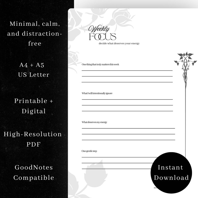 Weekly Focus Printable – Gothic Mental Clarity Page for Overthinkers ...