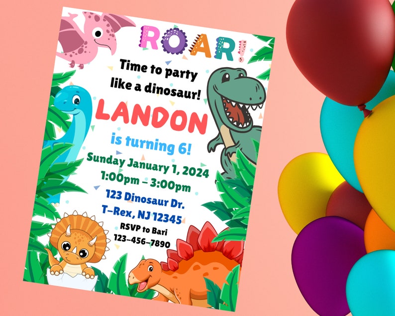 Invitación de cumpleaños editable del dinosaurio T-Rex para descargar ...