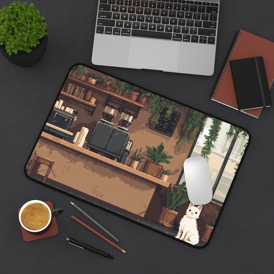 Cute Coffee Shop 8 Bit Pixel Art, Kawaii Desk Mat, Cat Plants Lovers ...